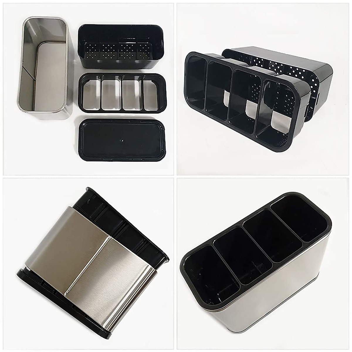 Stainless Steel Kitchen Utensil Holder for countertop, 4 Divider Drip Tray ABS Anti Slip Kitchen Counter, Utensil Caddy Storage, 7.08 x 5.03 x 3.34​ inch