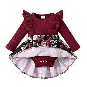 OPAWO Newborn Infant Baby Girl Dress Ribbed Bodysuit Romper Dress Long Sleeve Floral Girl Dresses Fall Winter Clothes(Burgundy,0-3 Months)