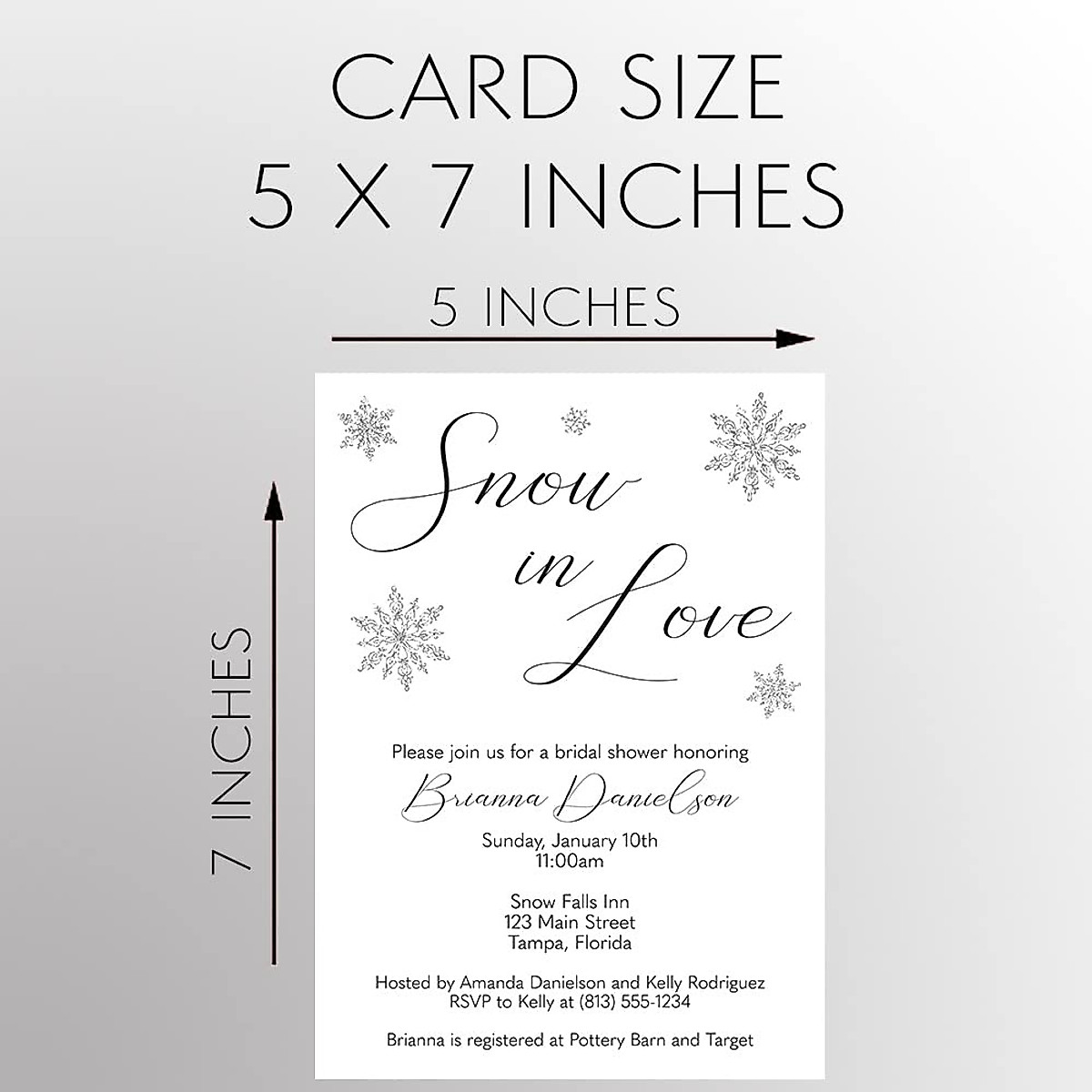 Winter Bridal Shower Invitation White Silver Snow in Love Snowflakes Wedding Couples Shower January February Printed Cards Customized Personalized Cards (12 Count)