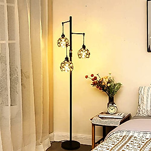 Stepeak Dimmable Crystal Floor Lamp, Industrial Farmhouse Floor Lamps for Living Room, 3-Light Black Standing Lamp for Bedroom, Modern Floor Lamp with 3 Lampshades, Rustic Tall Tree Lamp, 64inch, E26