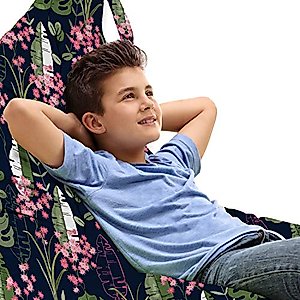 Ambesonne Botanical Lounger Chair Bag, Pink Tropical Flowers and Green Exotic Leaves on Dark Blue Background Natural Art, High Capacity Storage with Handle Container, Lounger Size, Multicolor