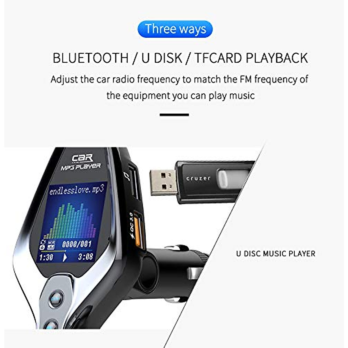 Bluetooth 5.0 FM Transmitter for Car, QC3.0 & TFT Colorful Display Wireless Bluetooth FM Radio Adapter Four Music Player Mode/Car Kit，Hands-Free Calls Support TF Card/U Disc Aux Input/Output