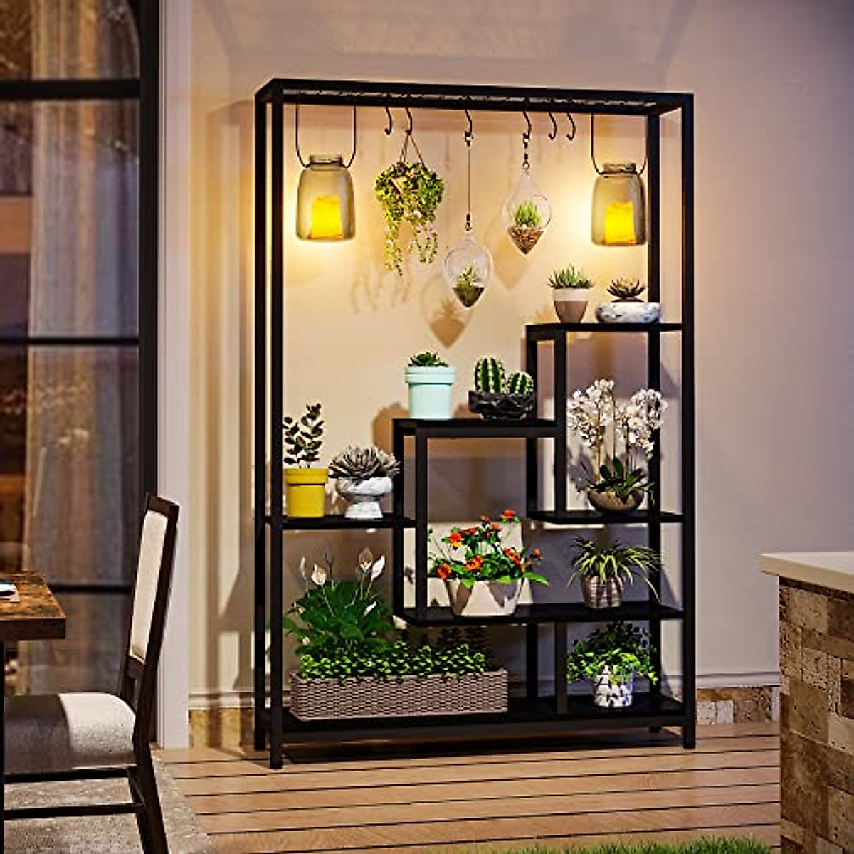 Tribesigns 5-Tier Tall Indoor Plant Stand, 70.9 inches Large Metal Plant Shelf with 6PC S Hanging Hooks, Multi-Purpose Flower Bonsai Pots Display Rack for Indoor, Garden, Balcony, Living Room, Black