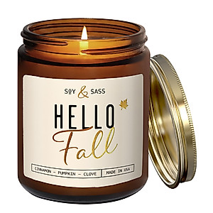 Fall Candles - 'Hello Fall Candle'' Autumn Scented Soy Candles for Home, Fall Scented Candles for Home, Fall Home Décor, 9oz Reusable Jar, 50Hr Burn, Made in USA
