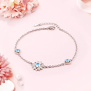 Yearace Sterling Silver Daisy Bracelets for Women, Created Moonstone Daisy Flower Bracelet Jewelry Gift, Adjustable Chain 7+2"