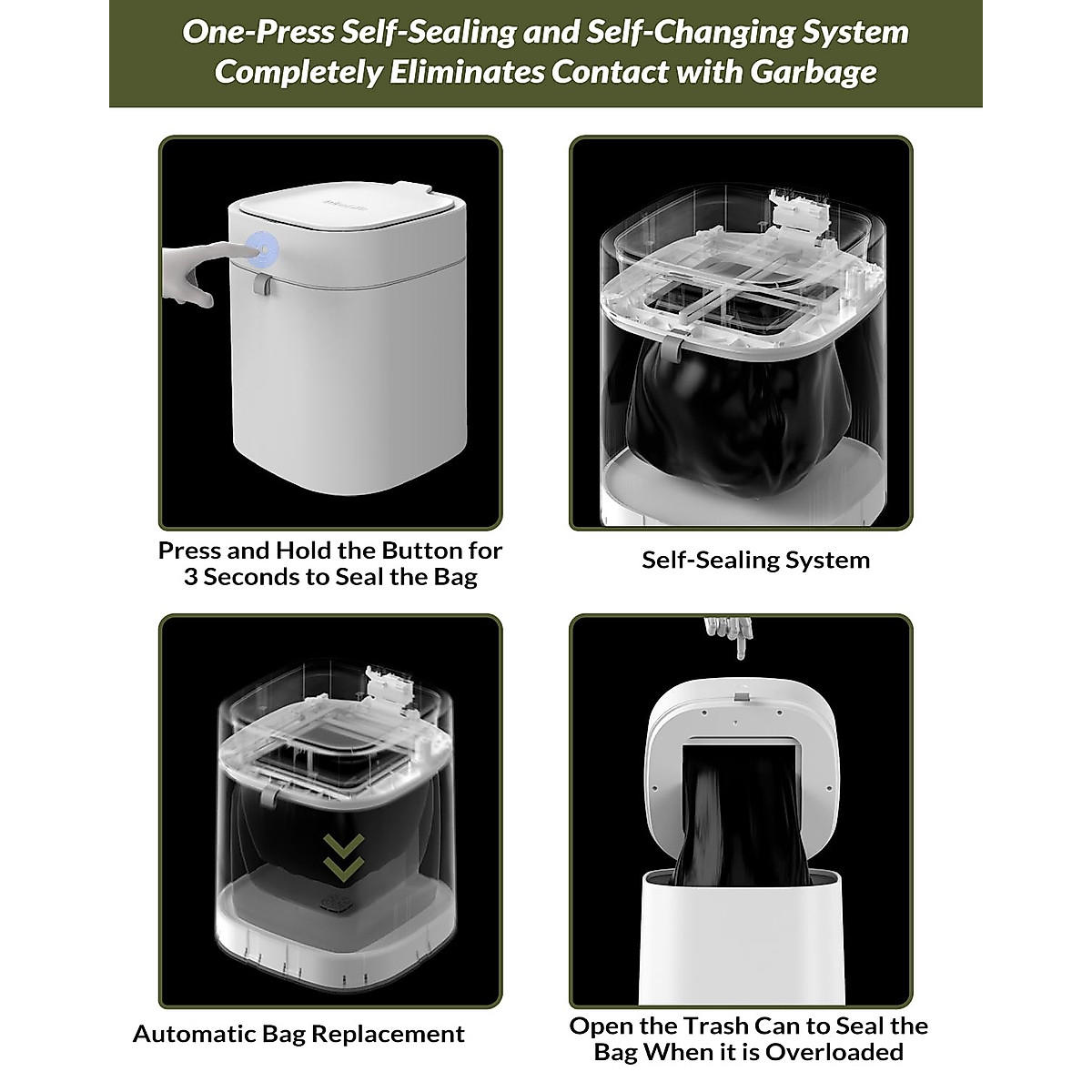 IntreLife Automatic Trash Can, 3.5 Gallon Self-Sealing and Self-Changing Smart Trash Can, Rechargeable Touchless Motion Sensor Trash Bin with Lid for Bathroom Kitchen Office Bedroom(White)