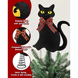 Black Cats Christmas Tree Topper with Stand and Changeable Bows Halloween Xmas Tree Ornament Winter Holidays Home Decorations Cat Lovers Gift Ideas