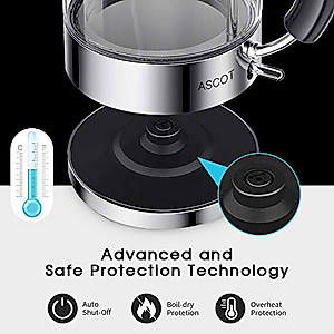 ASCOT Electric Kettle, 100% BPA-Free Glass Electric Tea Kettle, 1.6L 1500W Retro Tea Heater & Hot Water Boiler, No Plastic, with Auto Shut-Off and Boil-Dry Protection (Silver)