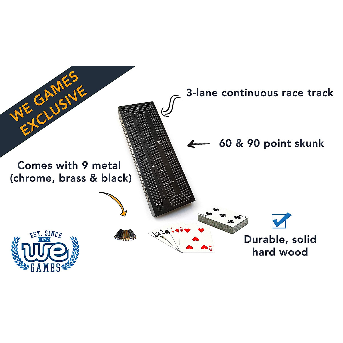 WE Games 3 Player Wood Cribbage Set - Easy Grip Pegs and 2 Decks of Cards Inside of Board - Black Stained