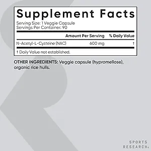 Sports Research N-Acetyl L-Cysteine (NAC) 600mg, 90 Veggie Capsules - Vegan, Non-GMO, Gluten Free. Lemon Aroma