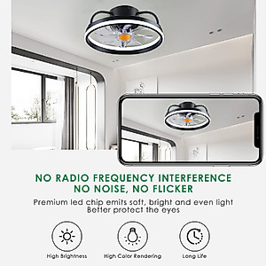 Mpayel Flush Mount Ceiling Fans with Lights and Remote Control，Modern Enclosed Bladeless,15'' Low Profile Ceiling Fan with Stepless Dimming Lighting Fixture for Bedroom Kitchen（Black）……