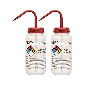 EISCO Wash Bottle for Acetone, 500ml - Labeled with Color Coded Chemical & Safety Information (4 Colors) - Wide Mouth, Self Venting, Low Density Polyethylene Labs