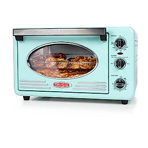 Nostalgia 0.7 Cu Ft Retro Air Fryer Oven with Bake, Toast, Air Fry, and Broil Functions | Large Capacity Fits 12 Slices of Bread, Two 12 in. Pizzas | Aqua