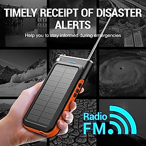 Solar Power Bank 36800mAh, Emergency FM Radio & Bluetooth Speaker, Built-in 2 Cables and Kickstand 15W Fast Charging LED Flashlight, USB C Input/Output Compatible with All Mobile Devices (Black)