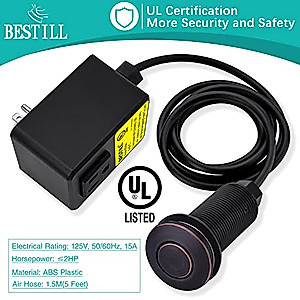 BESTILL Sink Top Garbage Disposal Air Switch Kit with Single Outlet, Oil Rubbed Bronze/ORB (Long Push Button with Brass Cover), UL Listed