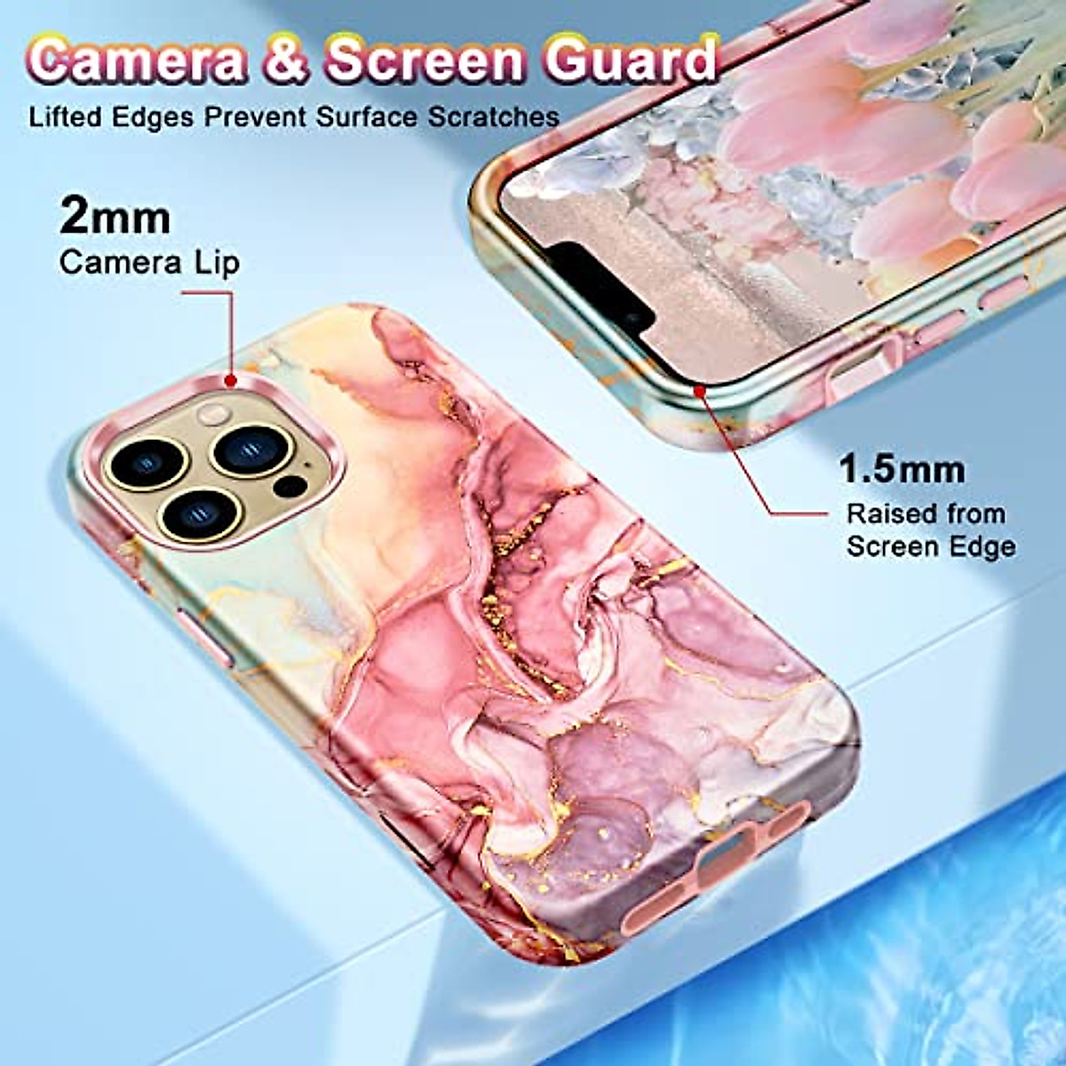 Btscase Compatible with iPhone 13 Pro Max Case 6.7 Inch 2021,Marble Pattern 3 in 1 Heavy Duty Shockproof Full Body Rugged Hard PC+Soft Silicone Drop Protective Women Girl Phone Cases, Rose Gold