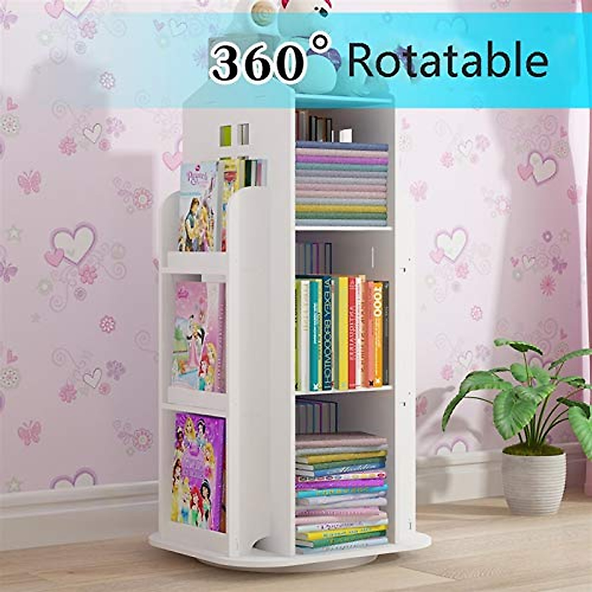 NNR Bookshelf 3-Tier Rotating 360 degree Bookshelf Children's Bookcase, Floor Standing Storage Rack Shelf for Home Office White Bookshelves Organizer for Books