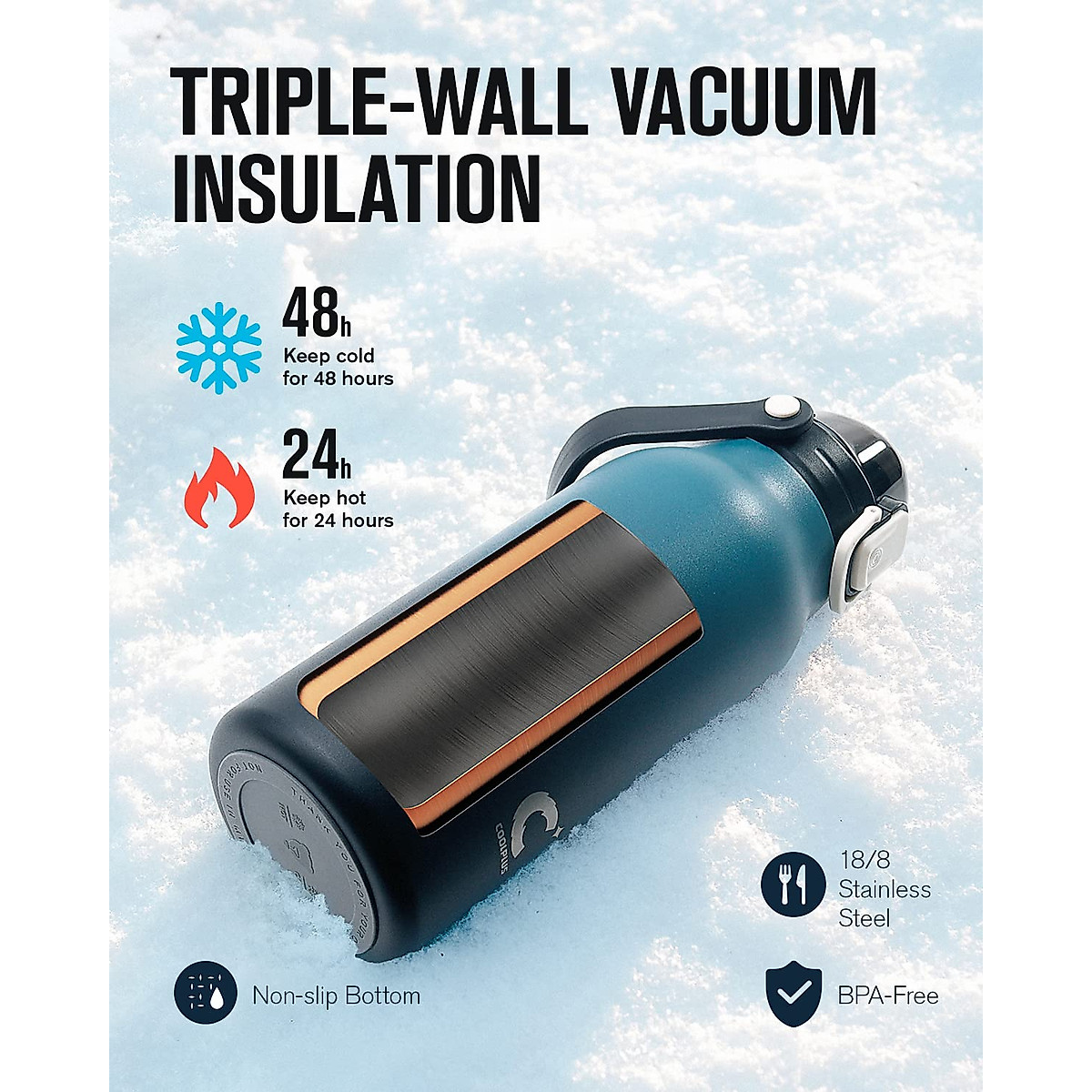 Half Gallon Water Bottle Insulated with Straw, Coolplus Large Water Jug with One-button Opening Lid, 64 oz Stainless Steel Metal Water Flask Themo Food Grade, Keep Cold 48h Hot 24h, Indigo Crush