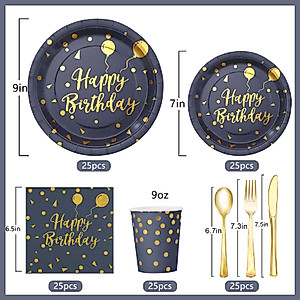 joy akkess 175 Pcs Blue Birthday Party Supplies - Blue Birthday Plates and Napkins Set Serves 25 - Blue and Gold Birthday Plates Napkins Cups Cutlery for Men Happy Birthday Party Decorations