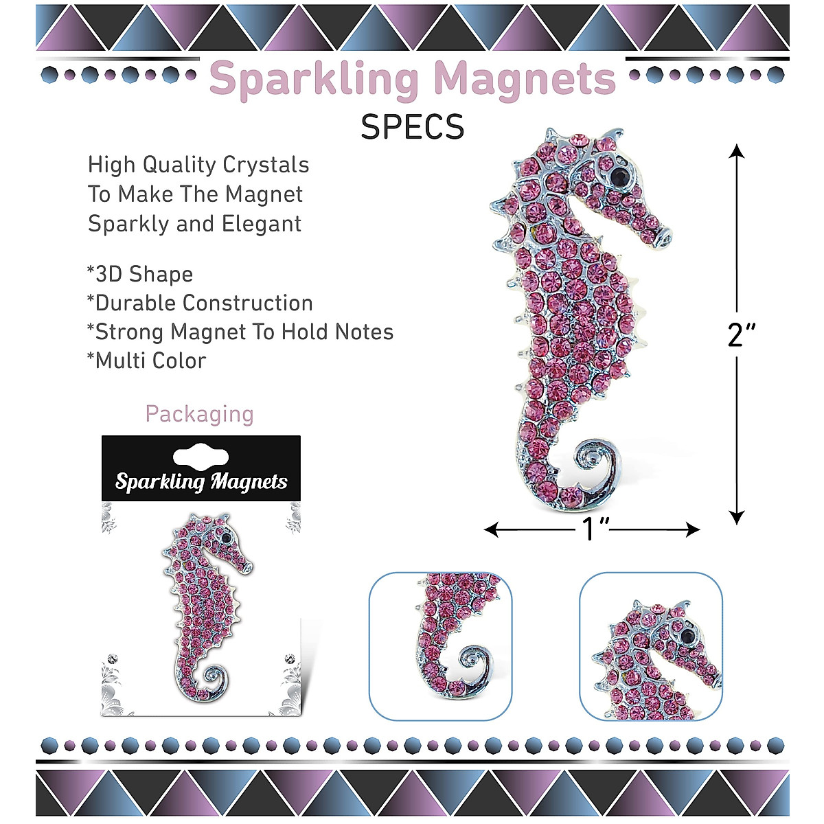 COTA Global Seahorse Sparkling Refrigerator Magnet - Pink & Silver Sparkling Rhinestones Crystals, Cute Sparkly Ocean Animal Magnet for Kitchen Door Fridge, Cool Home & Office Novelty Decor - 2 Inch