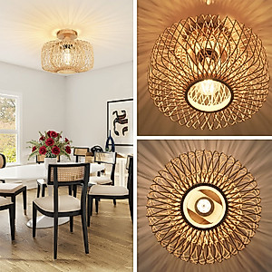 FRIDEKO HOME Woven Rattan Flush Mount Light Fixture - Boho Light Fixtures Ceiling Bedroom Ceiling Lights Flush Mount Ceiling Light for Living Room Hallway Kitchen Entryway Farmhouse
