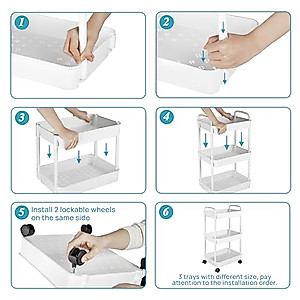 Vtopmart 3 Tier Rolling Cart with Wheels, Detachable Utility Storage Cart with Handle and Lockable Wheels, Storage Basket Organizer Shelves, Easy Assemble for Bathroom, Kitchen, White