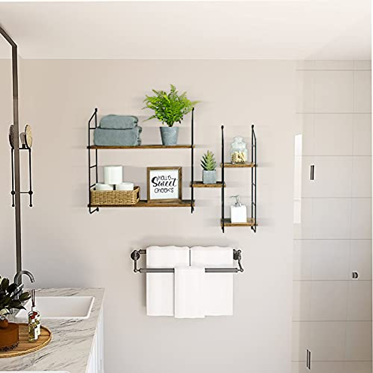 Mijee Floating Shelves for Wall,Industrial Shelves,Laundry Room Shelves,Bathroom Shelves,Metal Frame Rustic Brown Wall Shelves Set of 2