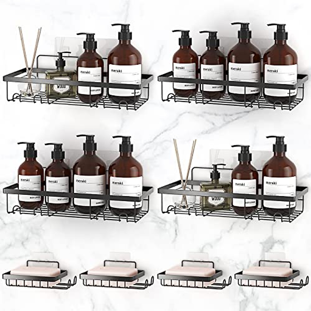 Amorettise 8 Pack Shower Caddy, Shower Shelves - 4 Pack Adhesive Bathroom Shower Shelf No Drilling with 4 Soap Holders, Stainless Shower Rack Bathroom Organizer for Storage Decor (Black)