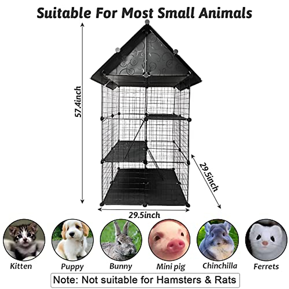 PINVNBY Metal Mesh Small Animal Cage 3-Tier Rabbit Wire Pen Fence with Ramps Pet House with Doors Cats Playpen for Kitty Puppy Bunny for Indoor Use (Black)
