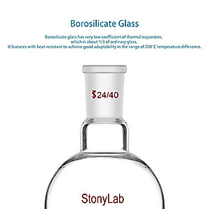 StonyLab Glass 250ml Heavy Wall Single Neck Flat Bottom Boiling Flask, with 24/40 Standard Taper Outer Joint, 250ml