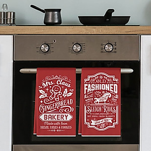 AnyDesign Merry Christmas Kitchen Towel Red Farmhouse Dish Towel 18 x 28 Inch Gingerbread Sleigh Rides Tea Towel Hand Drying Towel for Home Party Cooking Baking, 2 Packs
