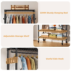 TONNSO T03-P Rolling Garment Rack Heavy Duty Clothes Rack for Hanging Clothes, Portable Closet Wardrobe with Wheels and Side Hooks, Adjustable Freestanding Metal Clothing Rack with Shelves, Black