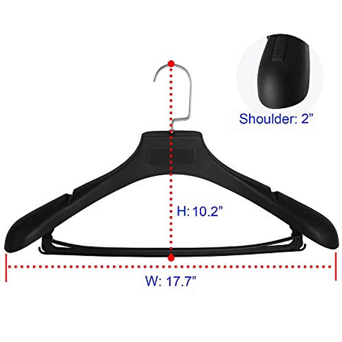 Plastic Extra Wide Suit Hangers, Pack of 15, Width: 17.7",Notched Shoulders & Swivel Hooks, Black