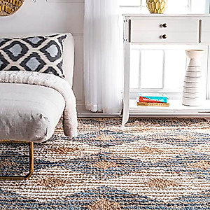 nuLOOM Hand Braided Marla Denim And Jute Diamonds Runner Rug, 2' 6" x 8', Off-white