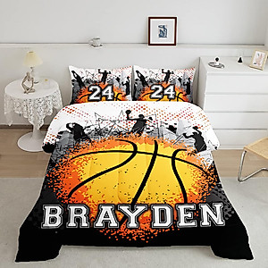 ZBIGTEE Basketball Comforter Set for Boys Kids Teens, Fire Pattern Basketball Boy Bedding Full Size Kids Comforter Set Orange Basketbal Ball Quilt Queen with with 1 Comforter and 2 Pillowcases