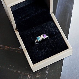 Birthstone Rings Promise Ring for Mothers Her Best Friend 2 Personalized Day Mother Daughter Jewelry Women Friendship Gifts Couple Engagement Heart Double Name Two Engraved Custom Sterling Silver (Silver-11)