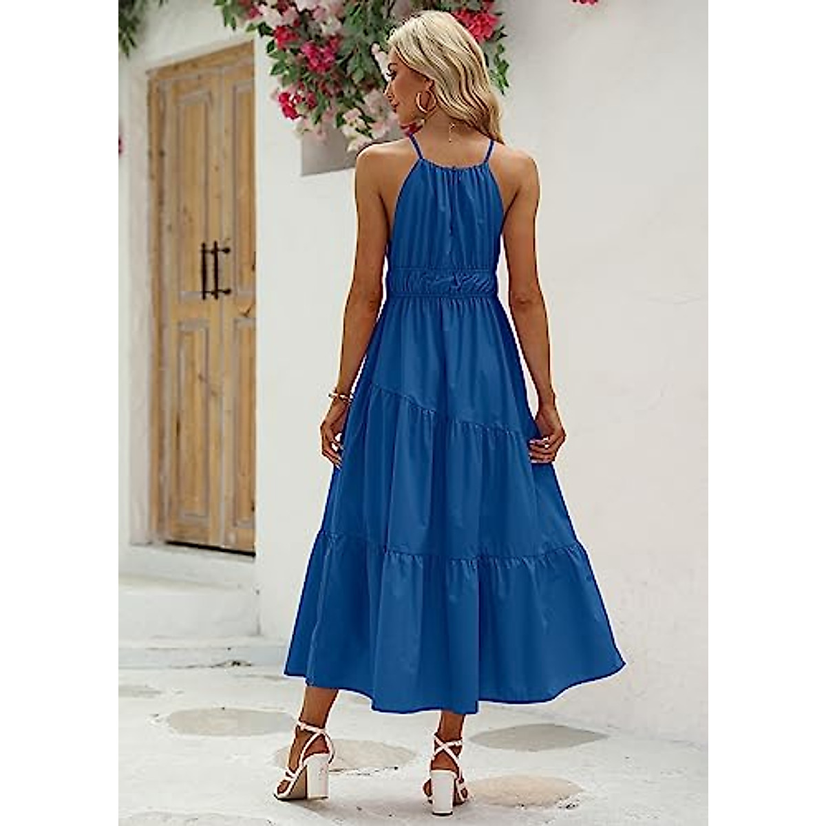 Womens Halter Sleeveless Boho Dress Casual Sexy Flowy Pleated High Waist A-Line Babydoll Midi Dresses for Women