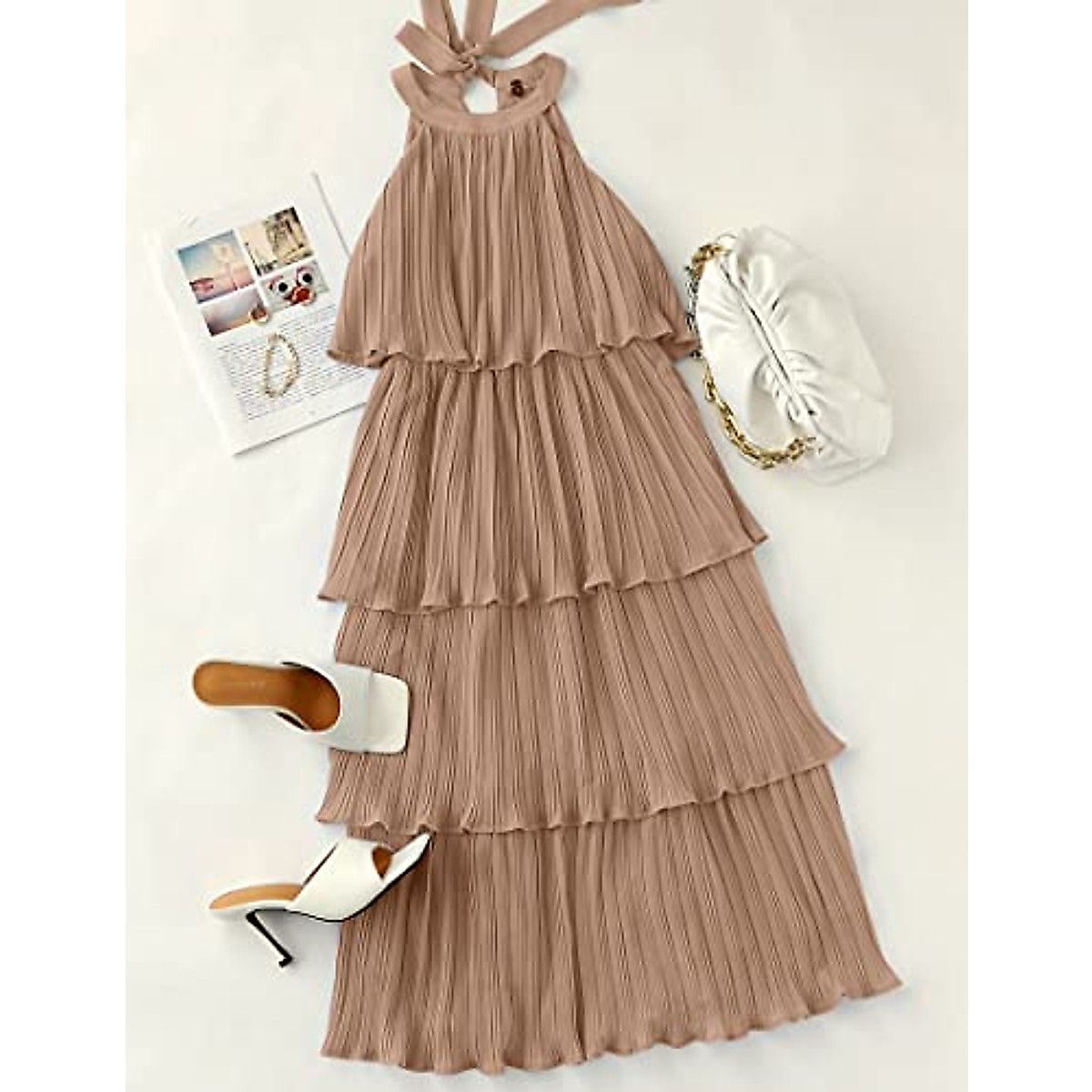 ZESICA Women's 2023 Summer Sleeveless Halter Neck Ruffle Tiered Layed Chiffon Flowy Swing Long Midi Dress,Khaki,Large