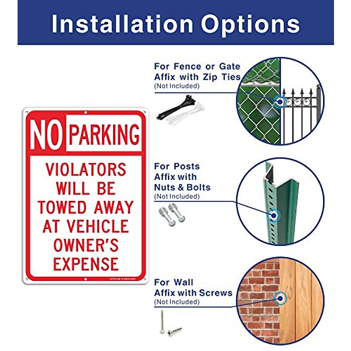 4 pack No Parking Sign, Violators Will Be Towed Away at Vehicle Owners Expense, 14 X 10 Reflective .40 Rust Free Aluminum, UV Protected, Weather Resistant, Waterproof, Durable Ink，Easy to Mount
