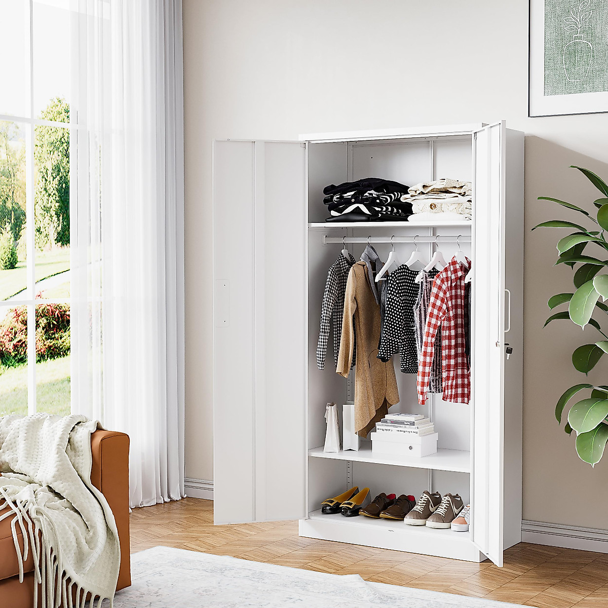 BYNSOE Metal Storage Cabinet 72'' Metal Locker with Locking Metal Storage Locker with Hanging Rod for Office Hospital Require Assembly (White)