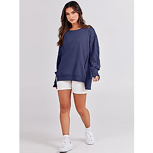 ANRABESS Women's Oversized Sweatshirts Crew Neck Long Sleeve Shirts Casual Loose Slit 2025 Fall Clothes Navy Blue S