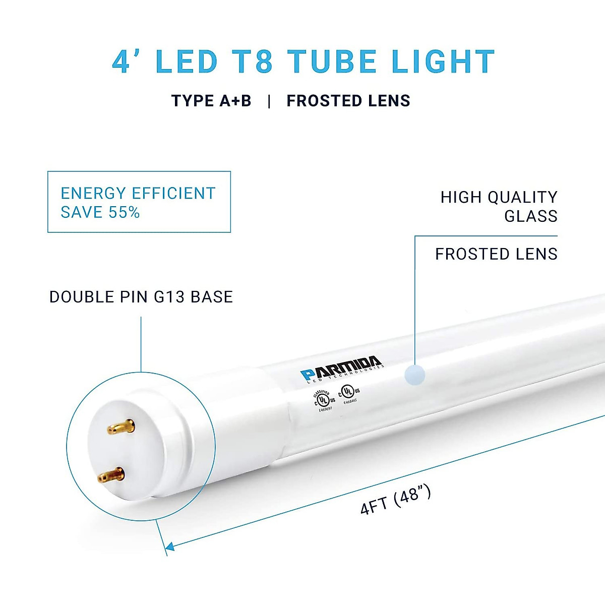 PARMIDA 20-Pack 4FT LED T8 Hybrid Type A+B Light Tube, 18W, Plug & Play or Ballast Bypass, Single-Ended OR Double-Ended Connection, 2200lm, Frosted Cover, T8 T10 T12, UL - 5000K