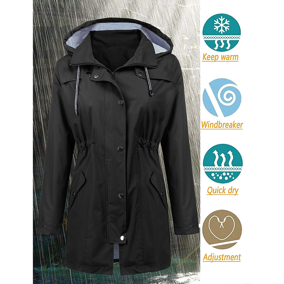 Women Lightweight Ladies Warm Travel Coat Outdoor Windbreaker with Pockets Outdoors Coat for Adults Waterproof Rain Jacket Black XL