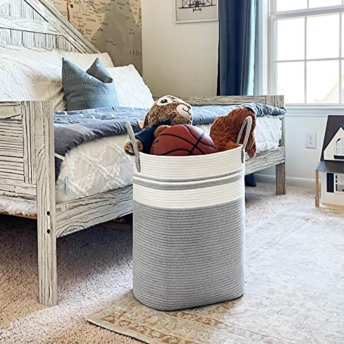 Goodpick Laundry Basket Square Laundry Hamper Tall Dirty Clothes Hampers for Laundry, Living Room, Nursery, Dorm Large Woven Storage Basket for Blankets, Toys, Towels, Yoga Mat Storage, 15"x 20", Grey