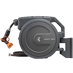 Giraffe Tools AW30 Garden Hose Reel Retractable 100ft x 1/2" with 9 Pattern Nozzle Wall Mounted Auto Rewind Hose Reel, 100ft, Dark Grey