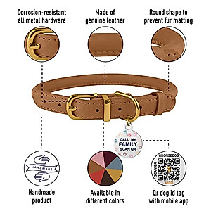 BRONZEDOG Rolled Leather Dog Collar with QR ID Dog Tag Durable Round Personalized Collars Small Medium Large Dogs Puppy Cat (7-8 Inch, Light Brown)
