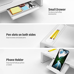 Monitor Stand Riser, OImaster Foldable Computer Monitor Riser, Adjustable Height Computer Stand and Storage Drawer & Pen Slot, Phone Stand Compatible Computer, Desktop, Laptop, Save Space (White)