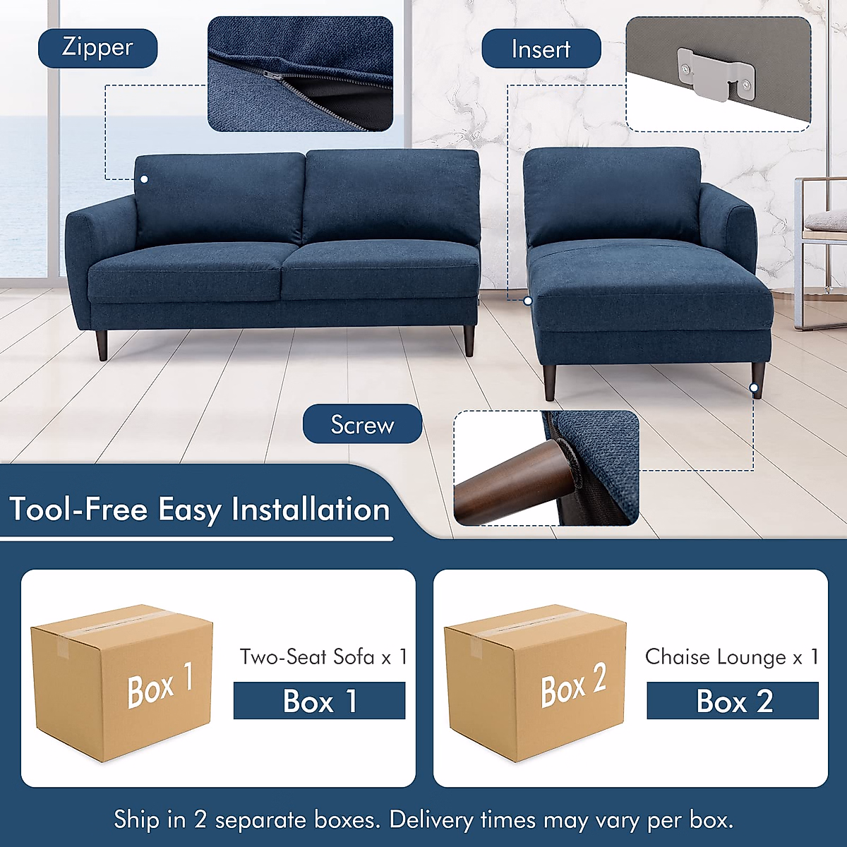 Giantex Sectional Sofa Couch Set, 3-Seat Sofa with Chaise Lounge, Modern L-Shaped Sofa Set for Living Room Apartment Office, Easy Assembly (Navy Blue)