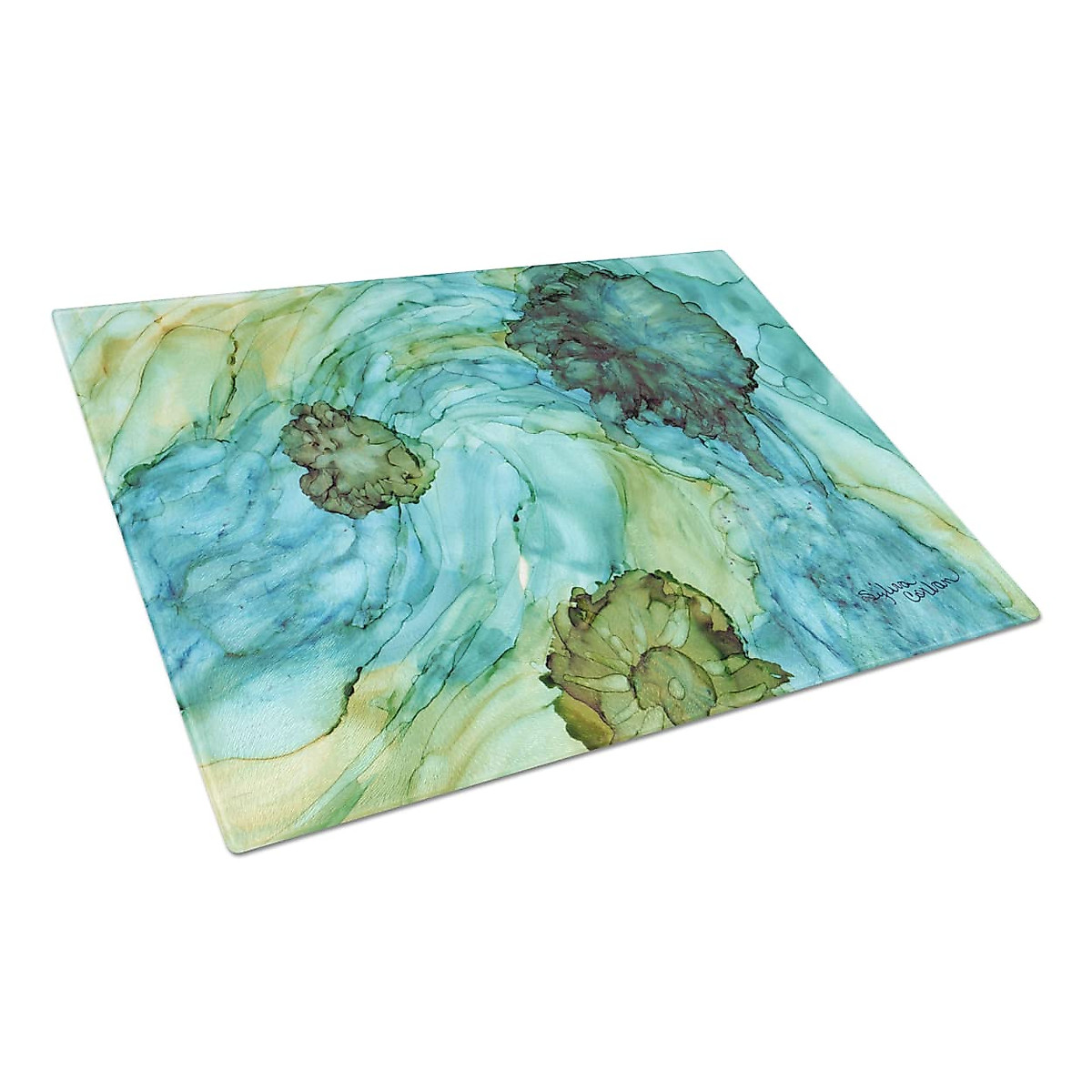 Caroline's Treasures 8952LCB Abstract in Teal Flowers Glass Cutting Board Large Decorative Tempered Glass Kitchen Cutting and Serving Board Large Size Chopping Board
