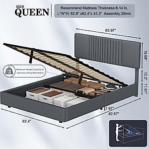 knoworld Queen Size Upholstered Lift Up Storage Bed Frame with Linen Headborad, Wood Slats Support, No Box Spring Required, Noise-Free Bed Frame (Queen, Dark Gray)